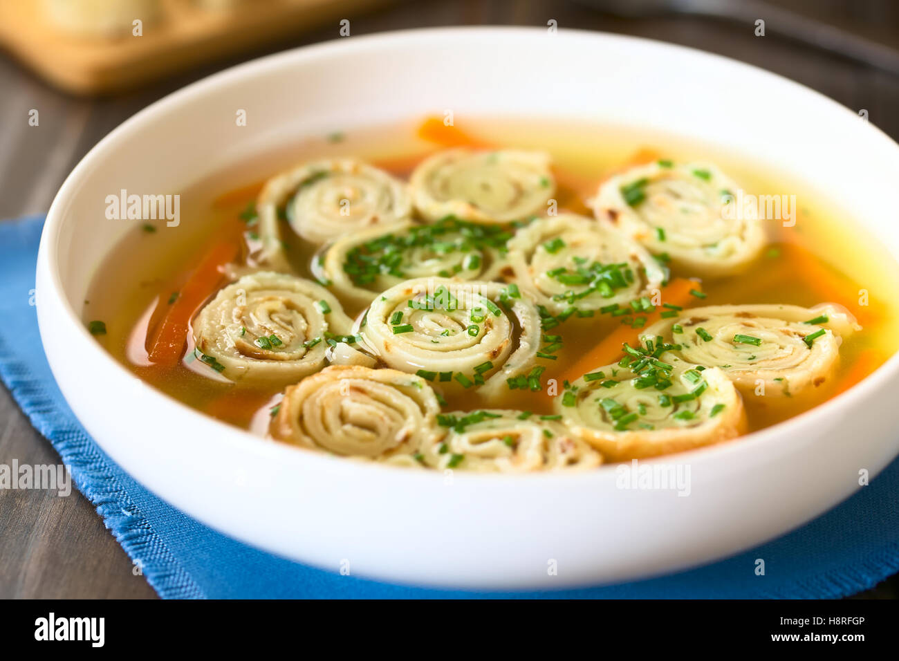 Traditional German Flaedlesuppe and Austrian Frittatensuppe consomme ...