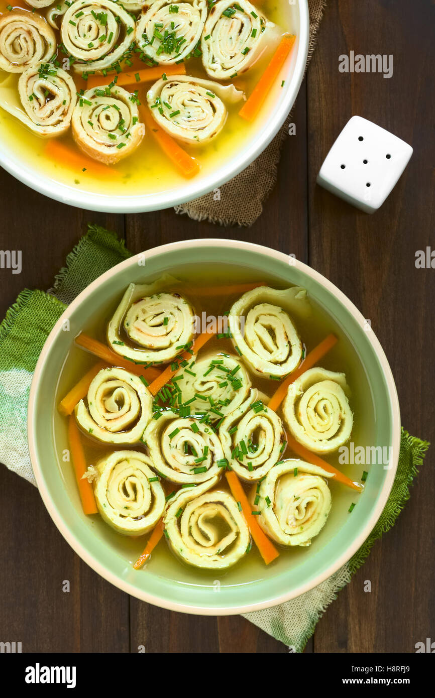 Traditional German Flaedlesuppe and Austrian Frittatensuppe consomme ...
