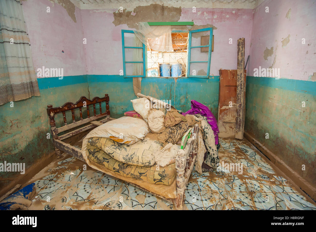 Interior of a poor African slum house showing devastation following a ...