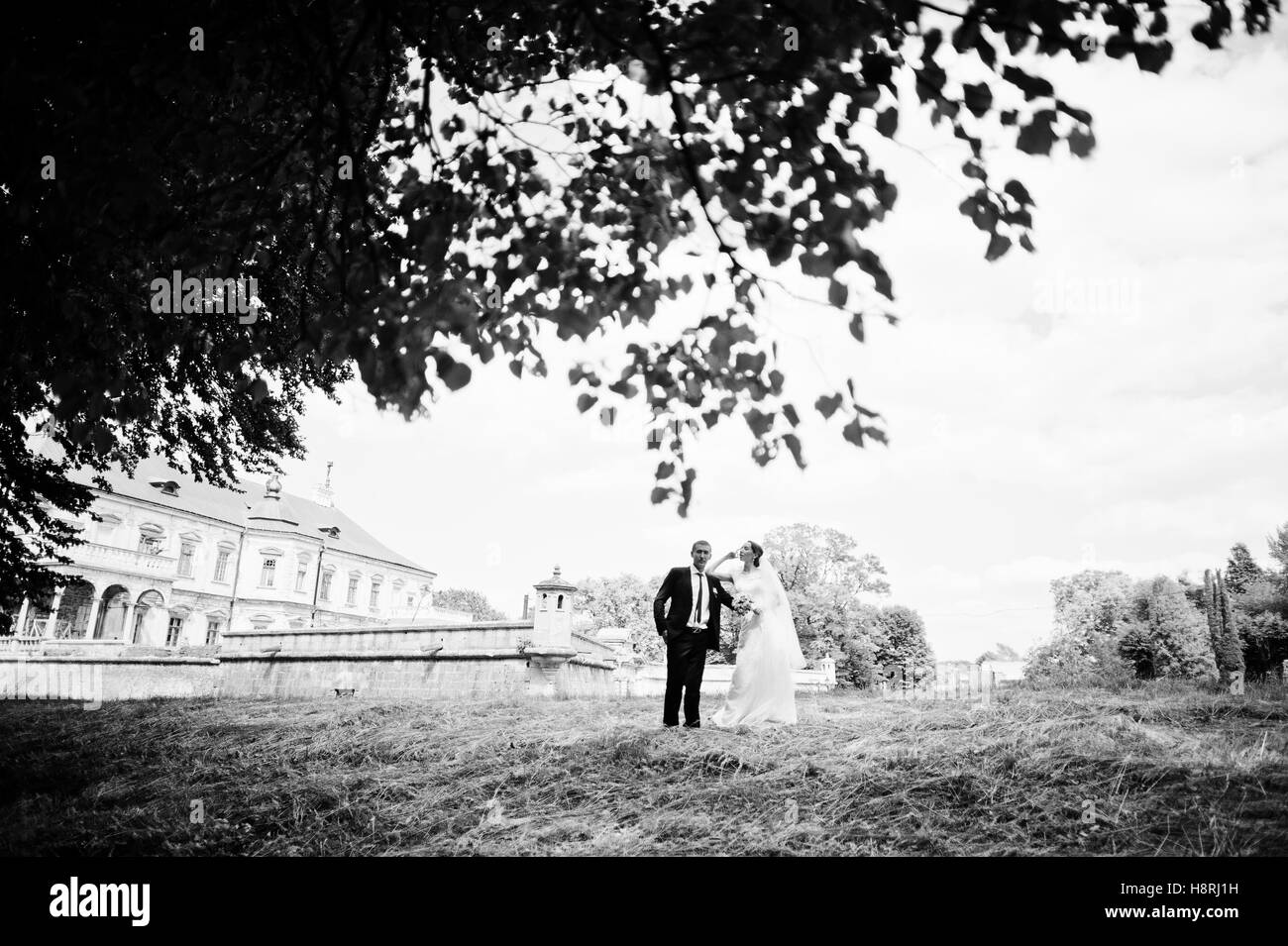 Wedding couple background old vintage castle. Happy newlyweds at their ...