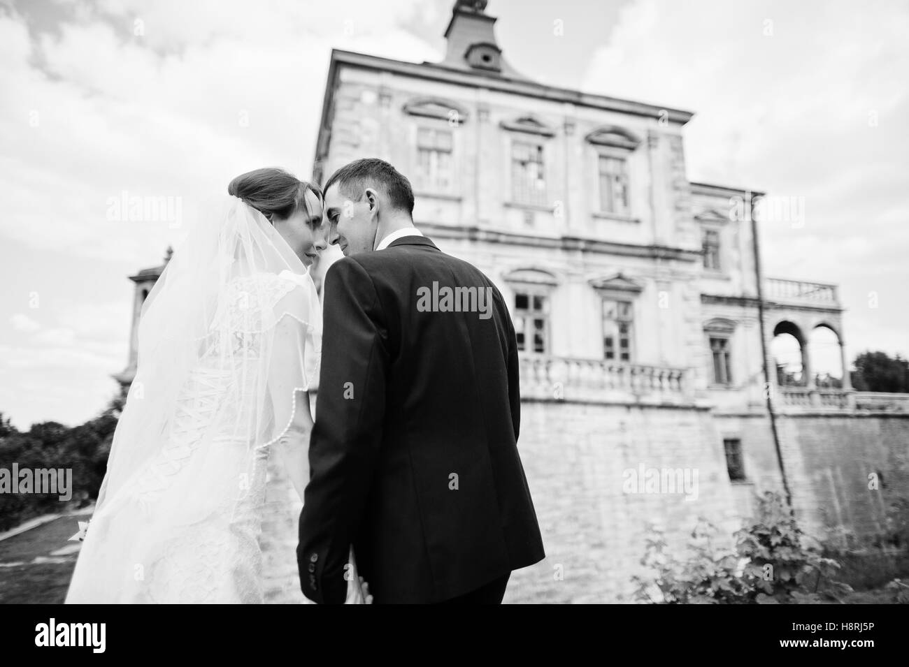 Wedding couple background old vintage castle. Happy newlyweds at their ...