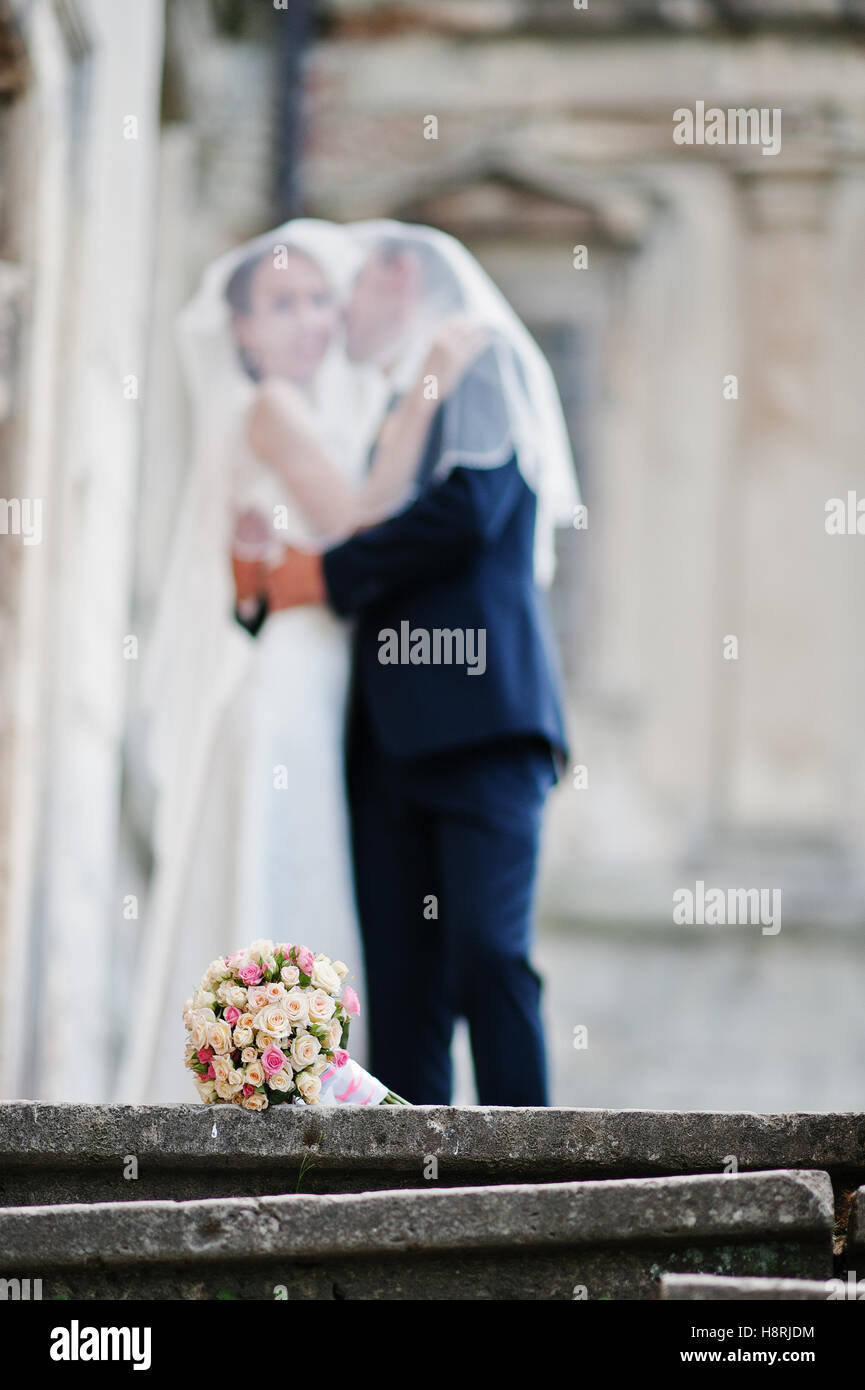 Wedding couple background old vintage castle. Happy newlyweds at their ...