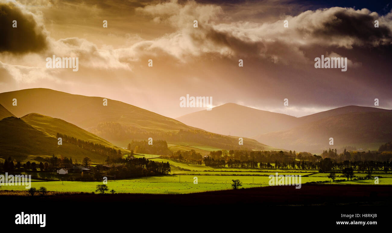 Misty autumn sunshine in the Tweed valley near Broughton, Scottish ...