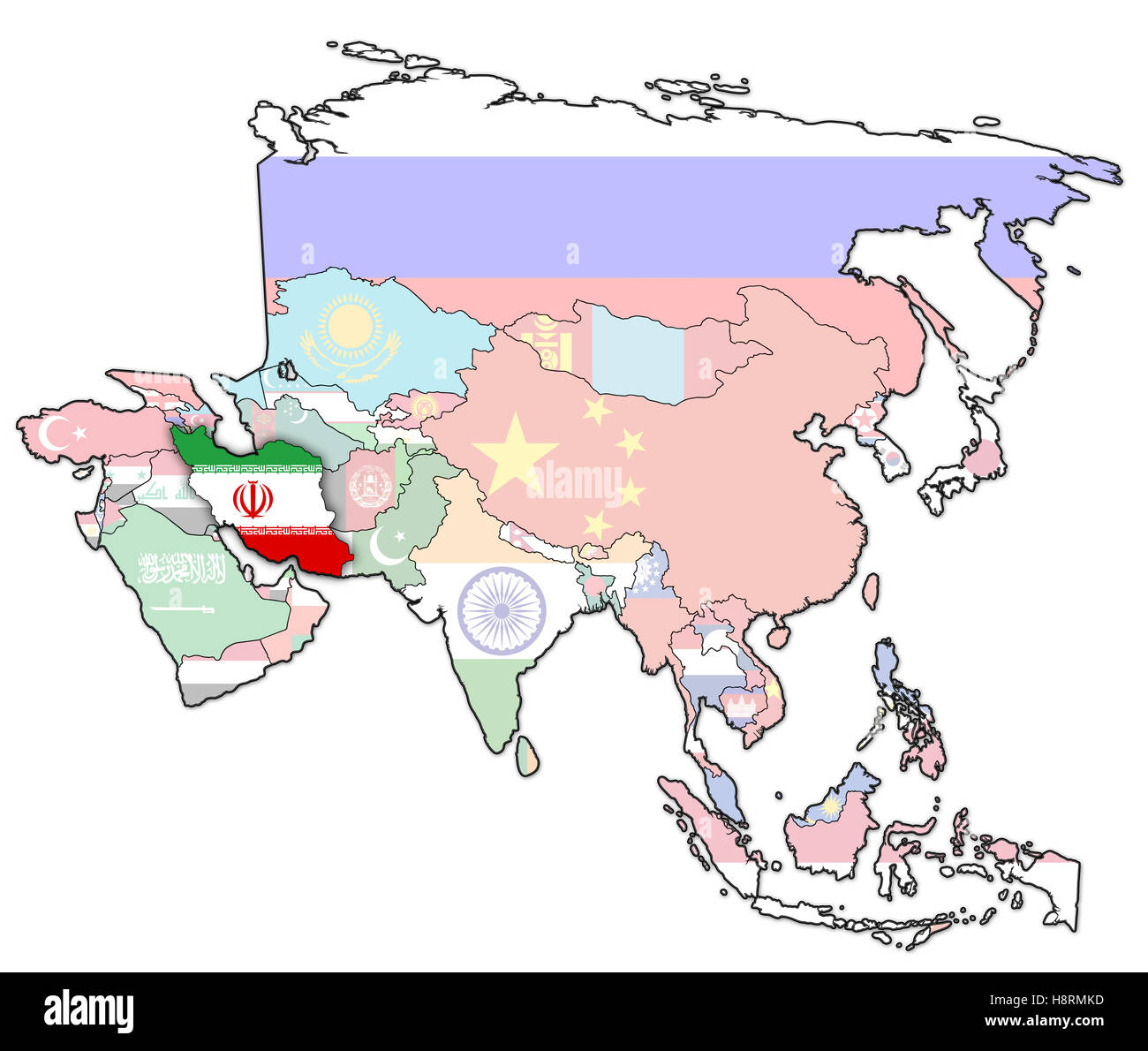 old political map of asia with flag of iran Stock Photo - Alamy