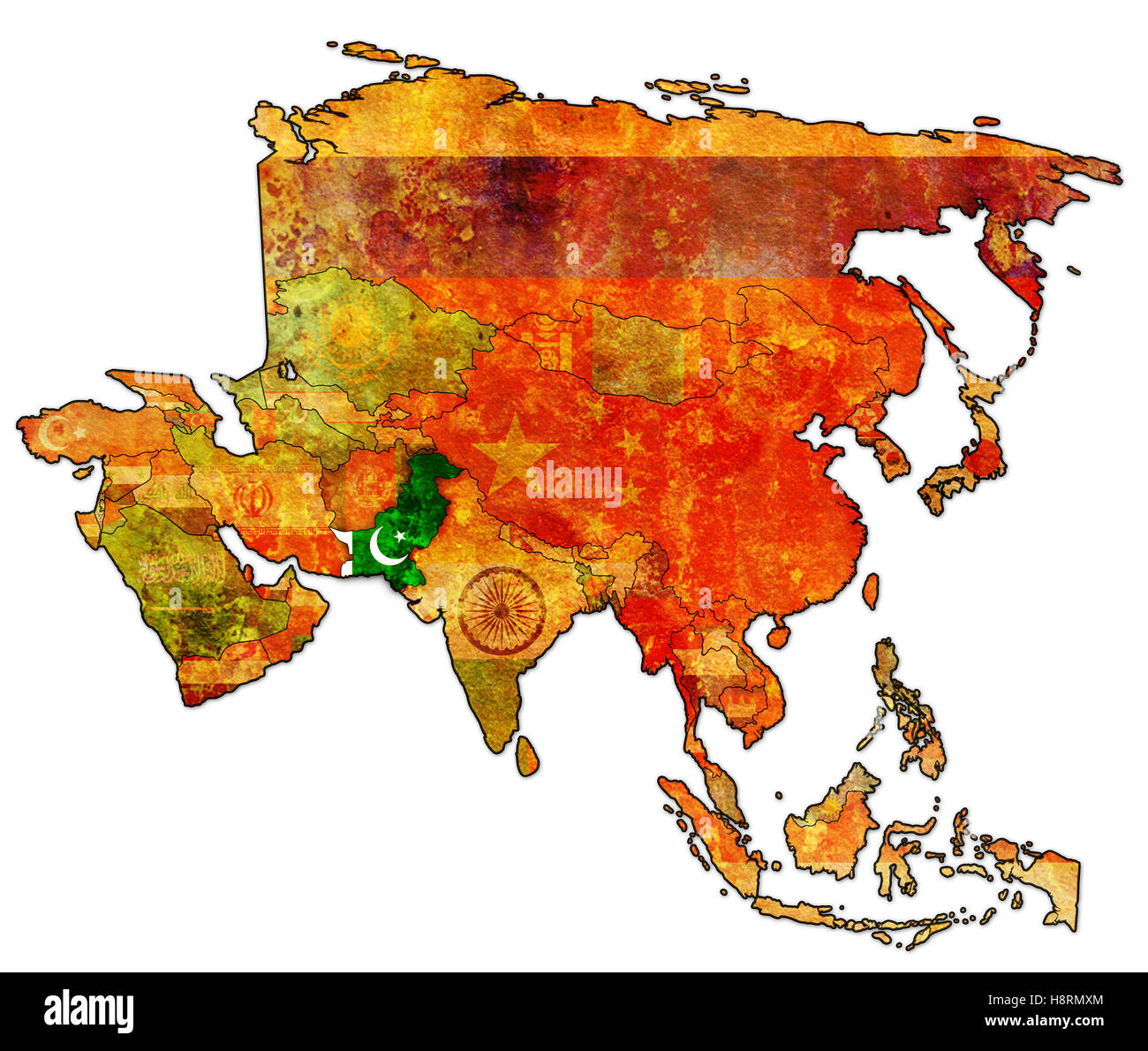 old political map of asia with flag of pakistan Stock Photo - Alamy