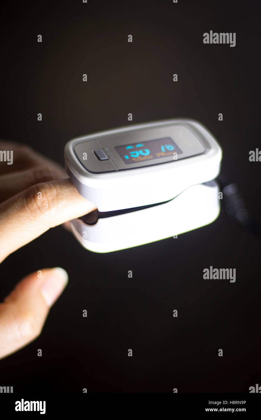 Portable hand held domestic cardiac finger pulse rate meter to show ...