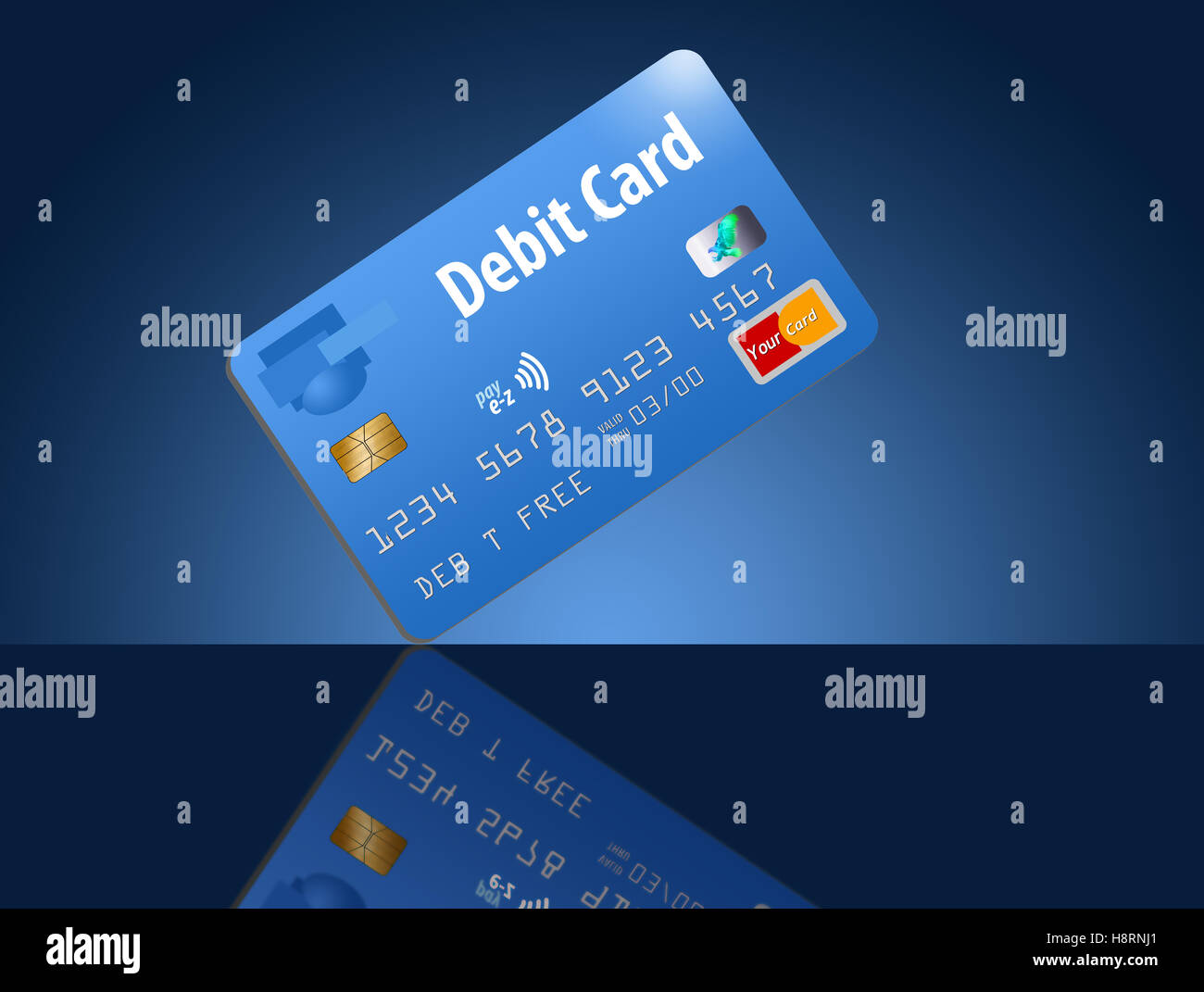 A debit card in blue is seen on a dramatic blue background on a ...