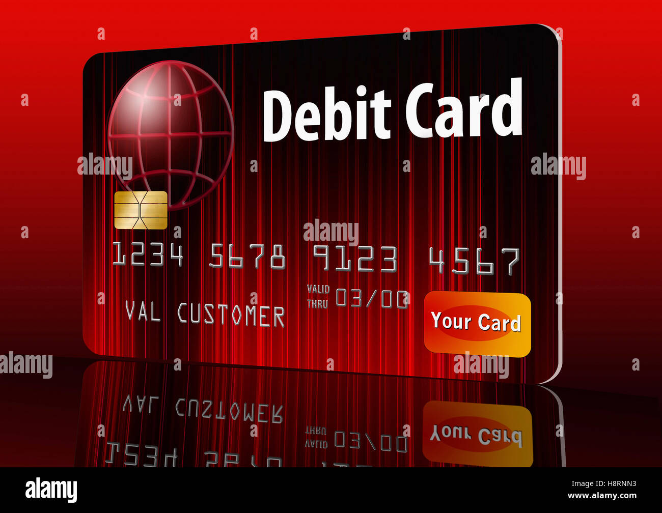 This is a generic version of a bank debit card. It is red and black on ...