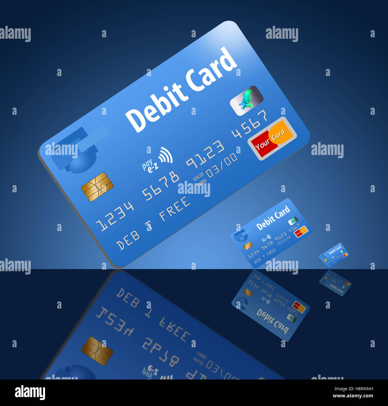 Generic debit cards in blue are seen receding into the distance in this ...
