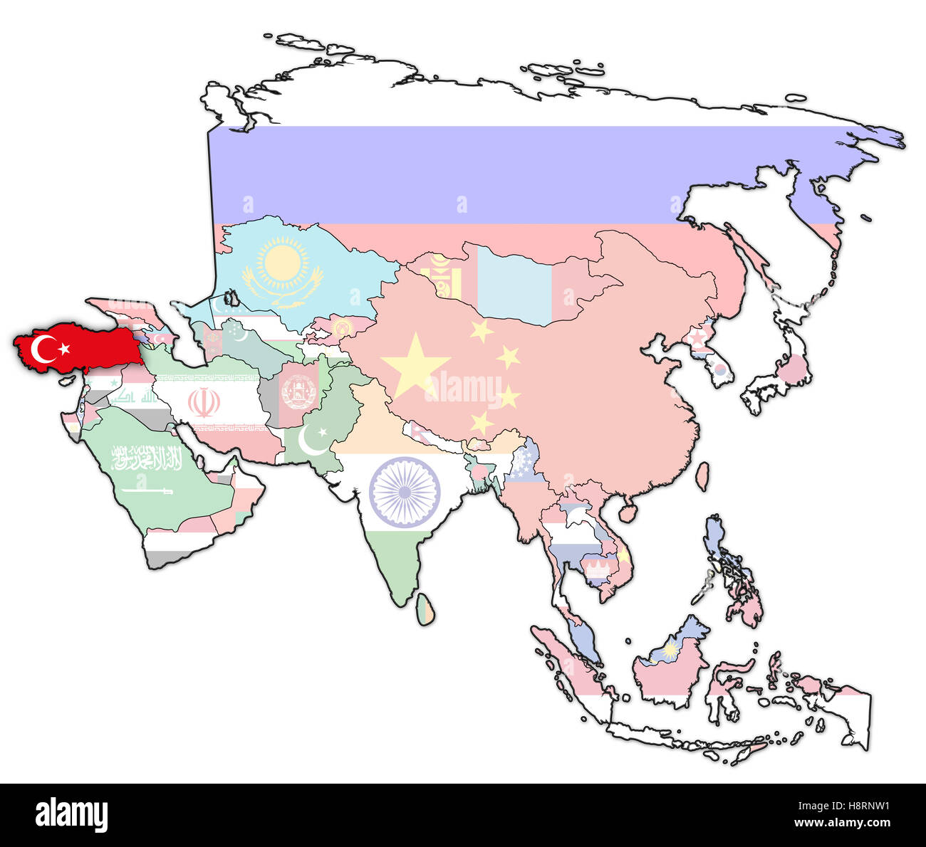 old political map of asia with flag of turkey Stock Photo - Alamy