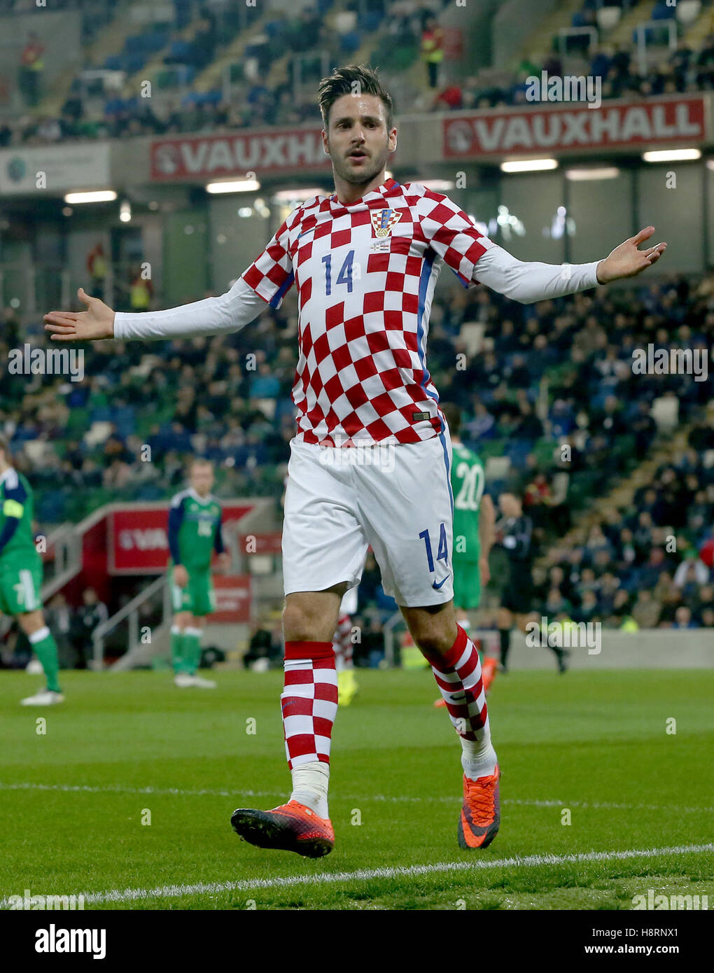 Croatia's Duje Cop (centre) celebrates scoring his sides second goal of ...