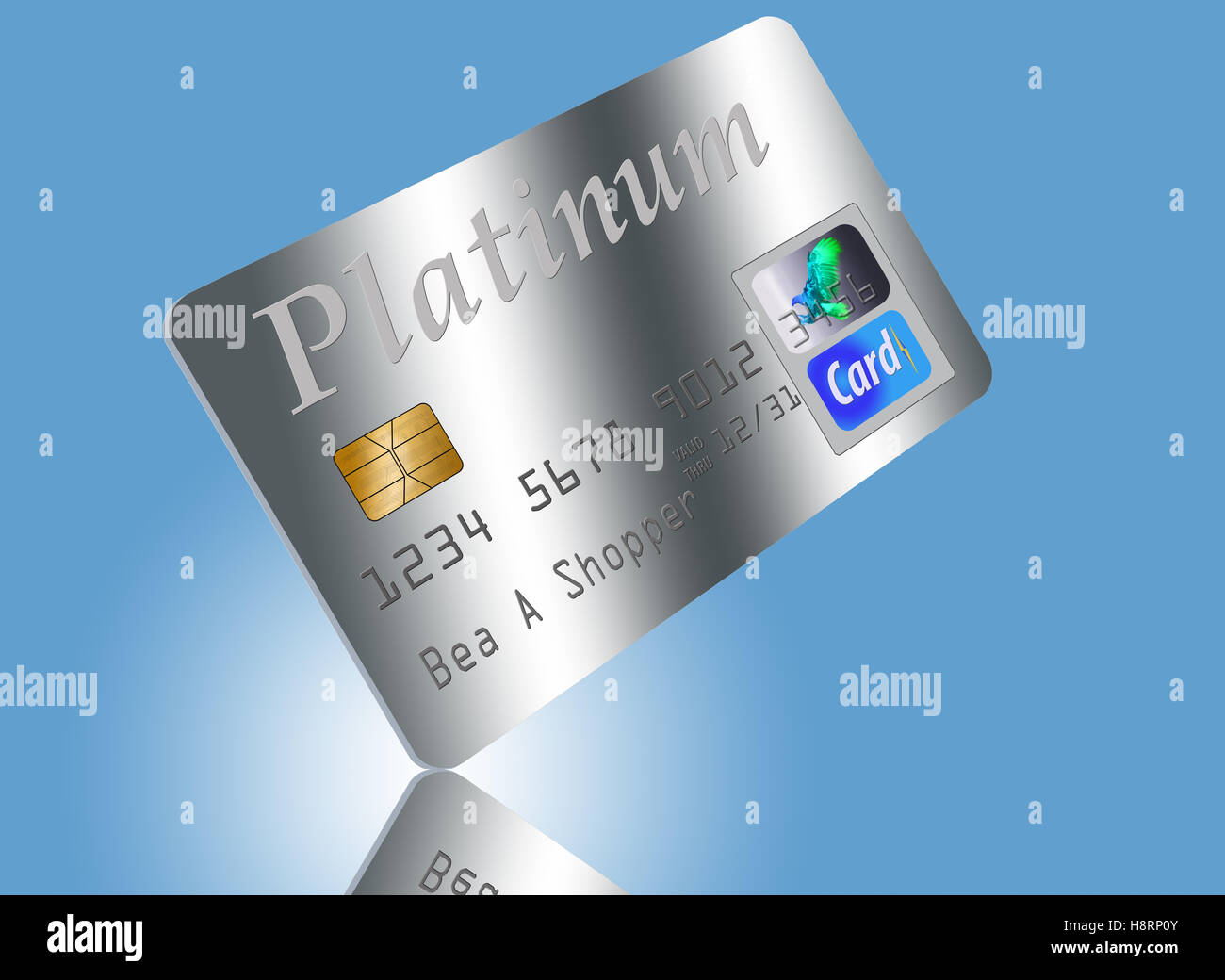 Generic platinum credit card, debit card on reflective table top and ...