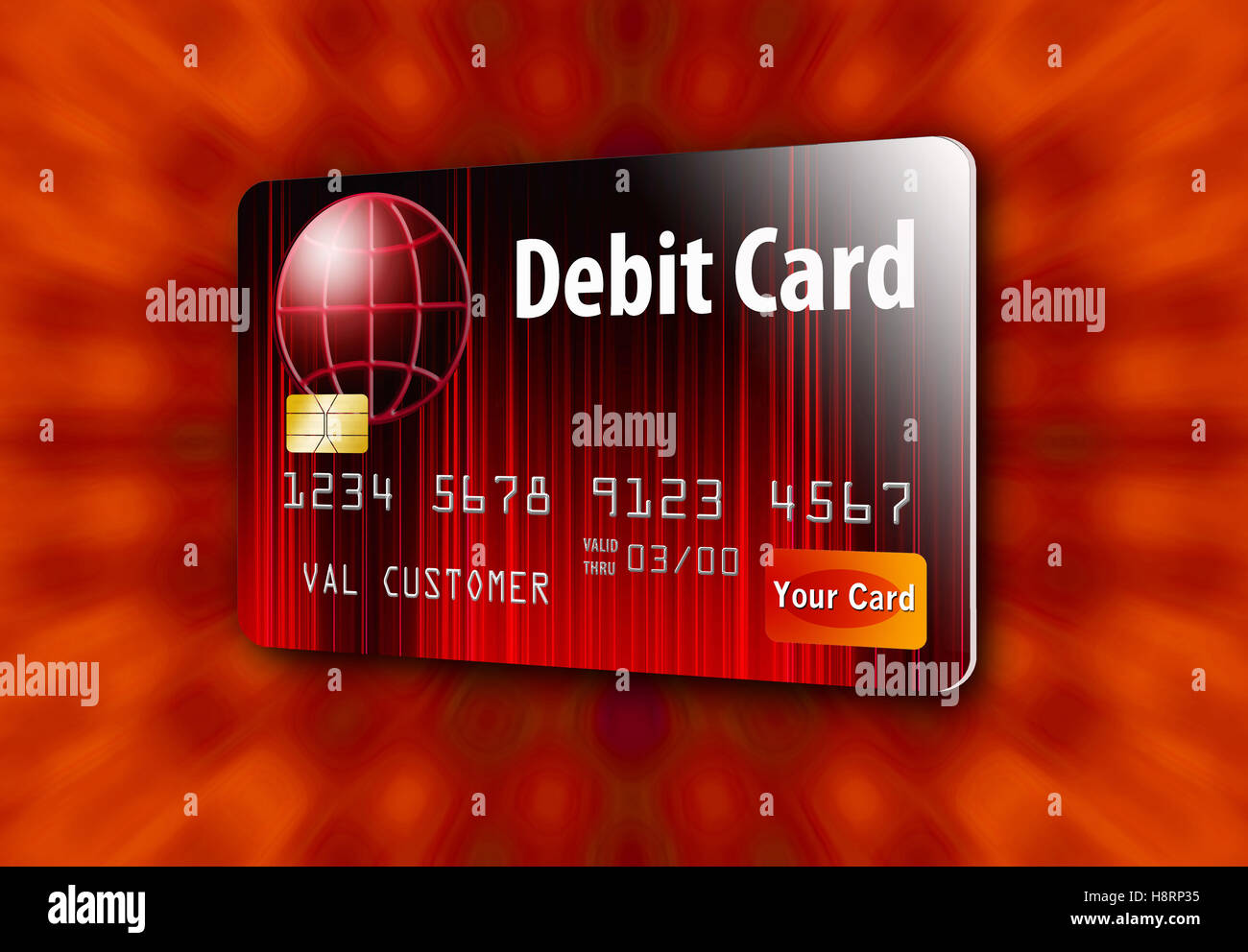 This is a generic version of a bank debit card. It is red and black on ...