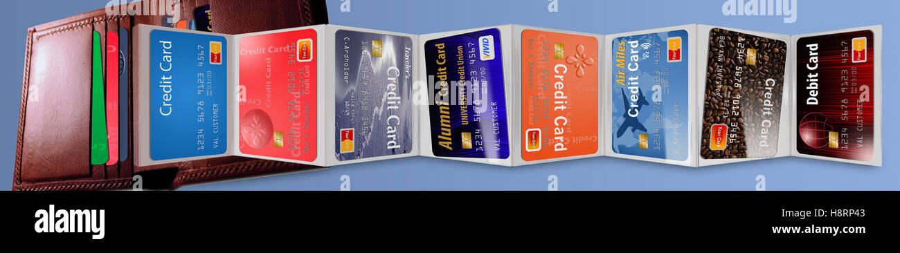 Too many credit cards in wallet is the theme of this illustration ...