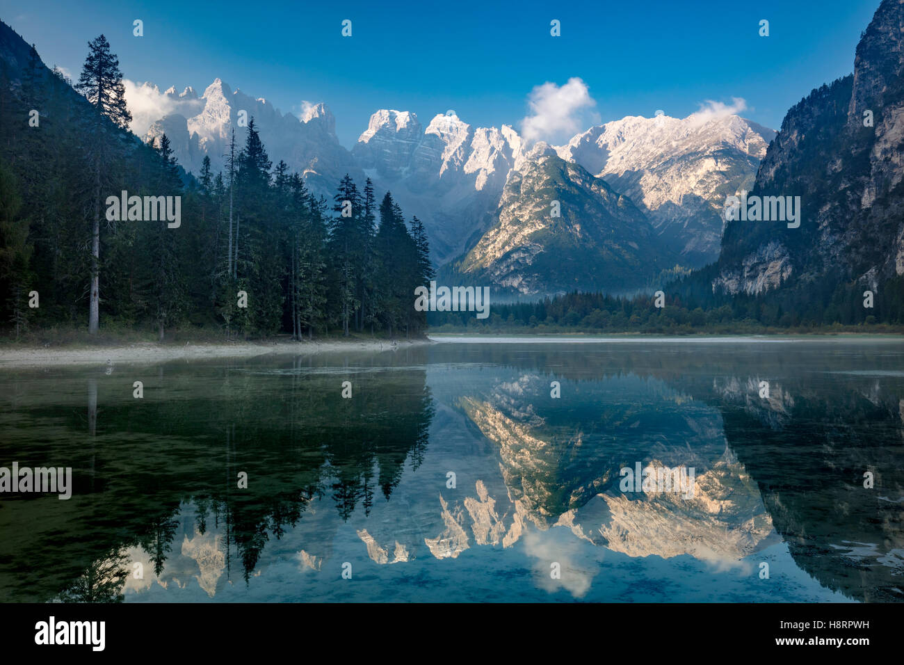 Monte Cristallo and the Dolomite Mountains reflected in Lago di Landro ...