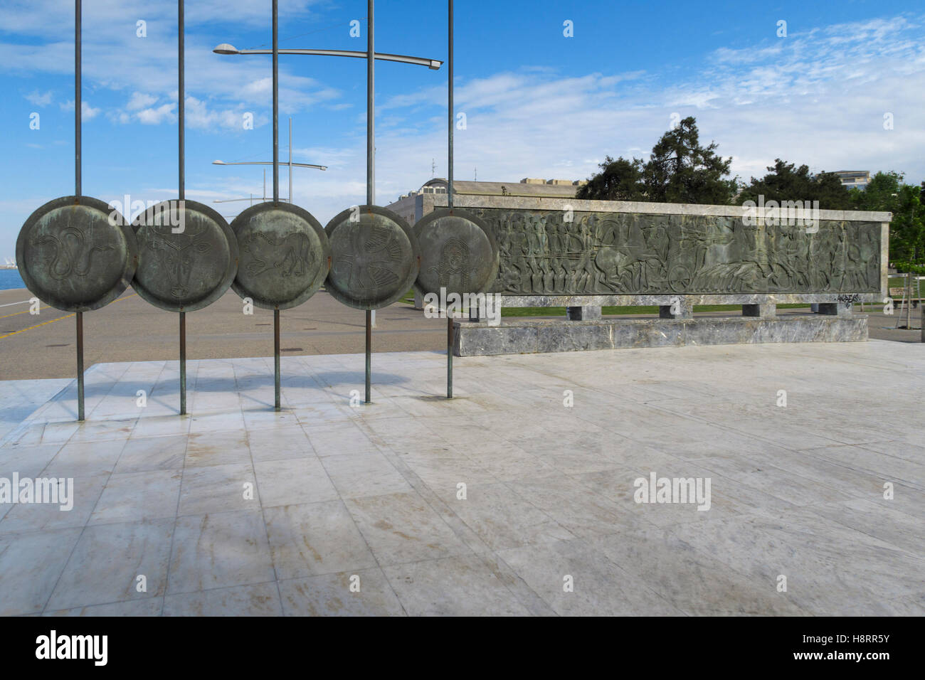 Macedonian shields on the Monument of Alexander The Great in ...