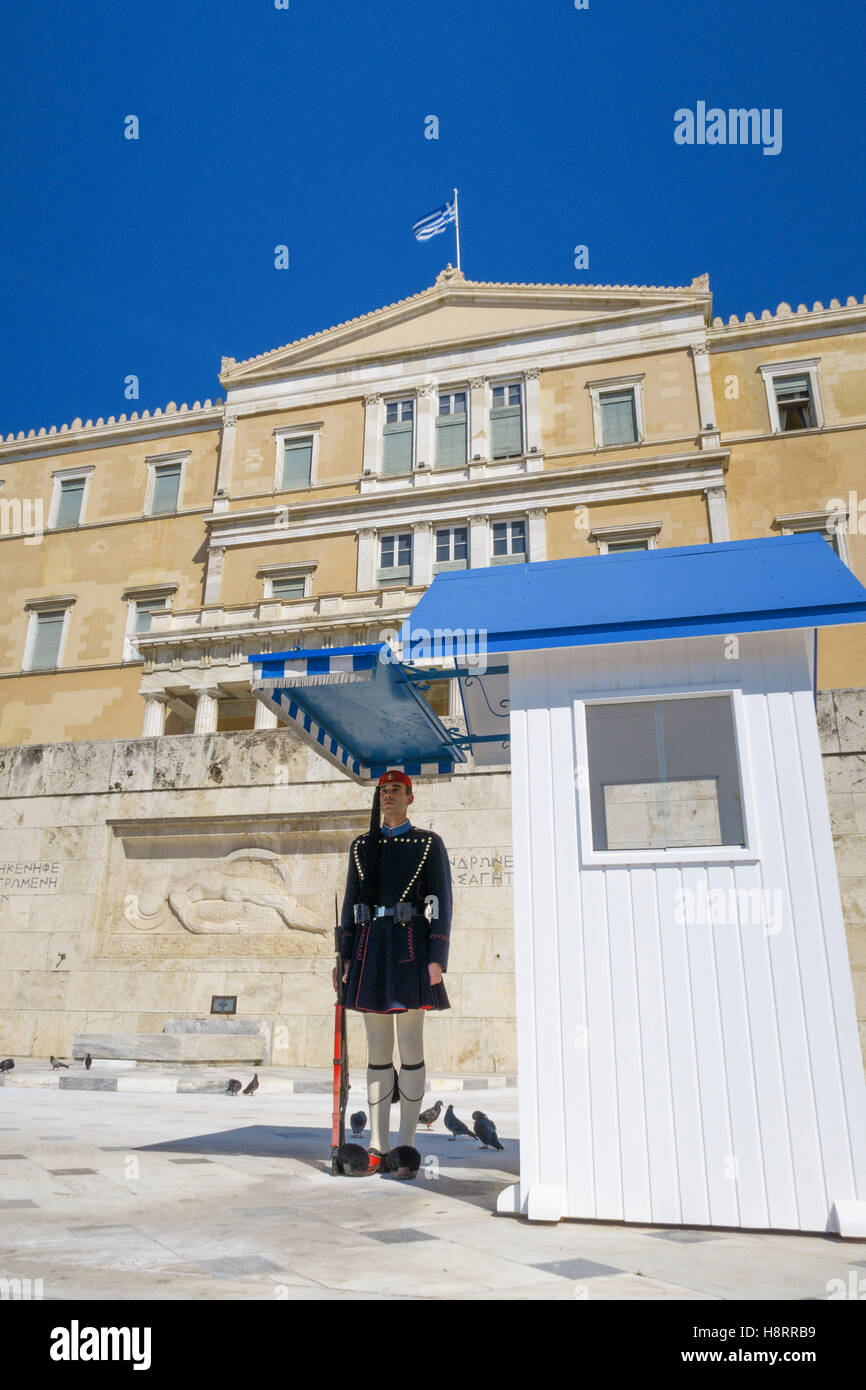 Guard at his post outside of a sentry box, Greek Parliament, Athens ...
