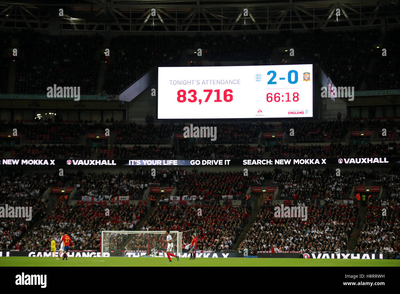 A general view of Wembley as the big screen shows the attendance during ...