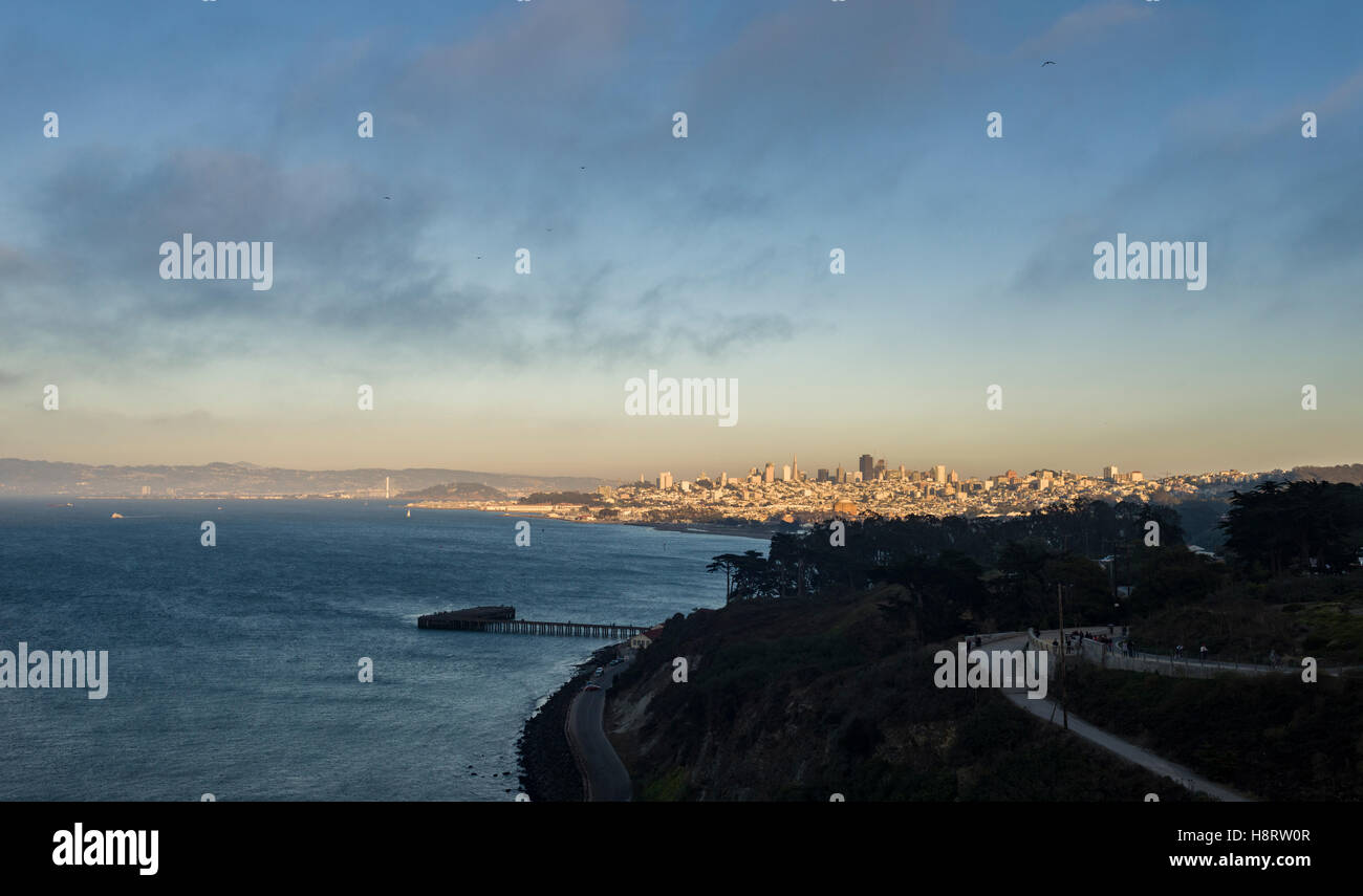 View of San Francisco bay area from the Golden Gate Bridge spanning the ...