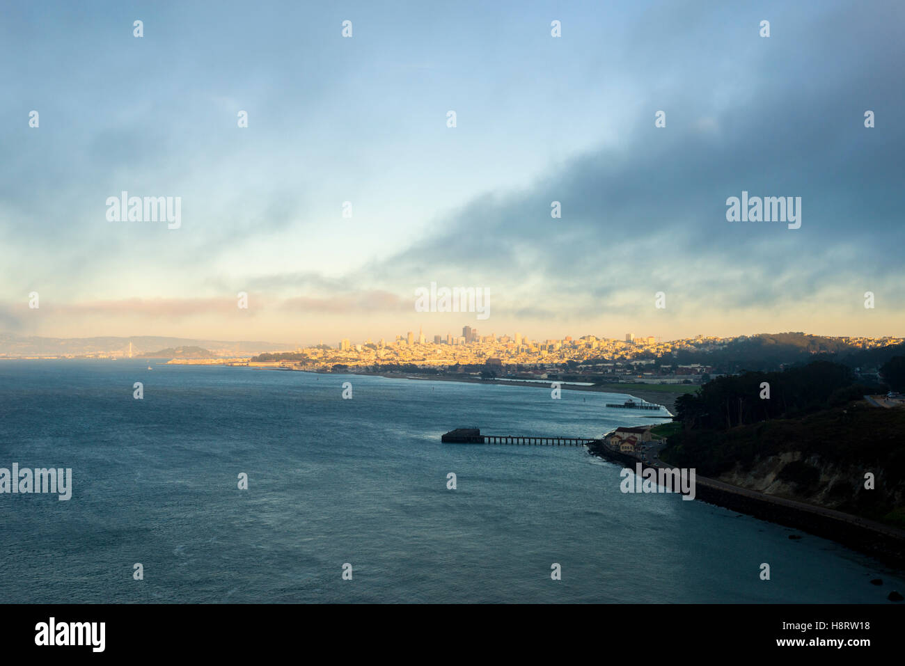 View of San Francisco bay area from the Golden Gate Bridge spanning the ...