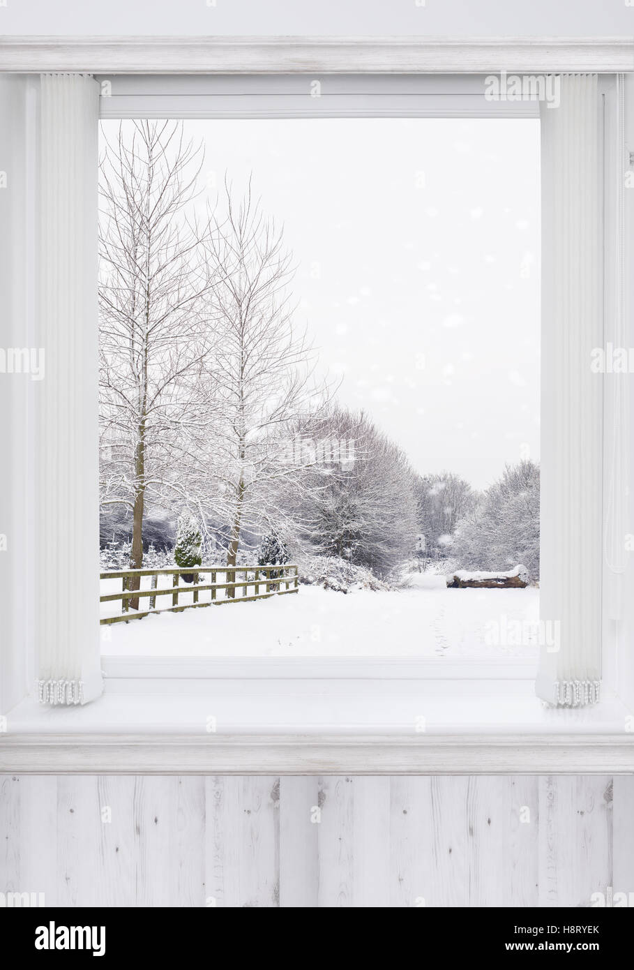 Window overlooking snowy country lane Stock Photo - Alamy