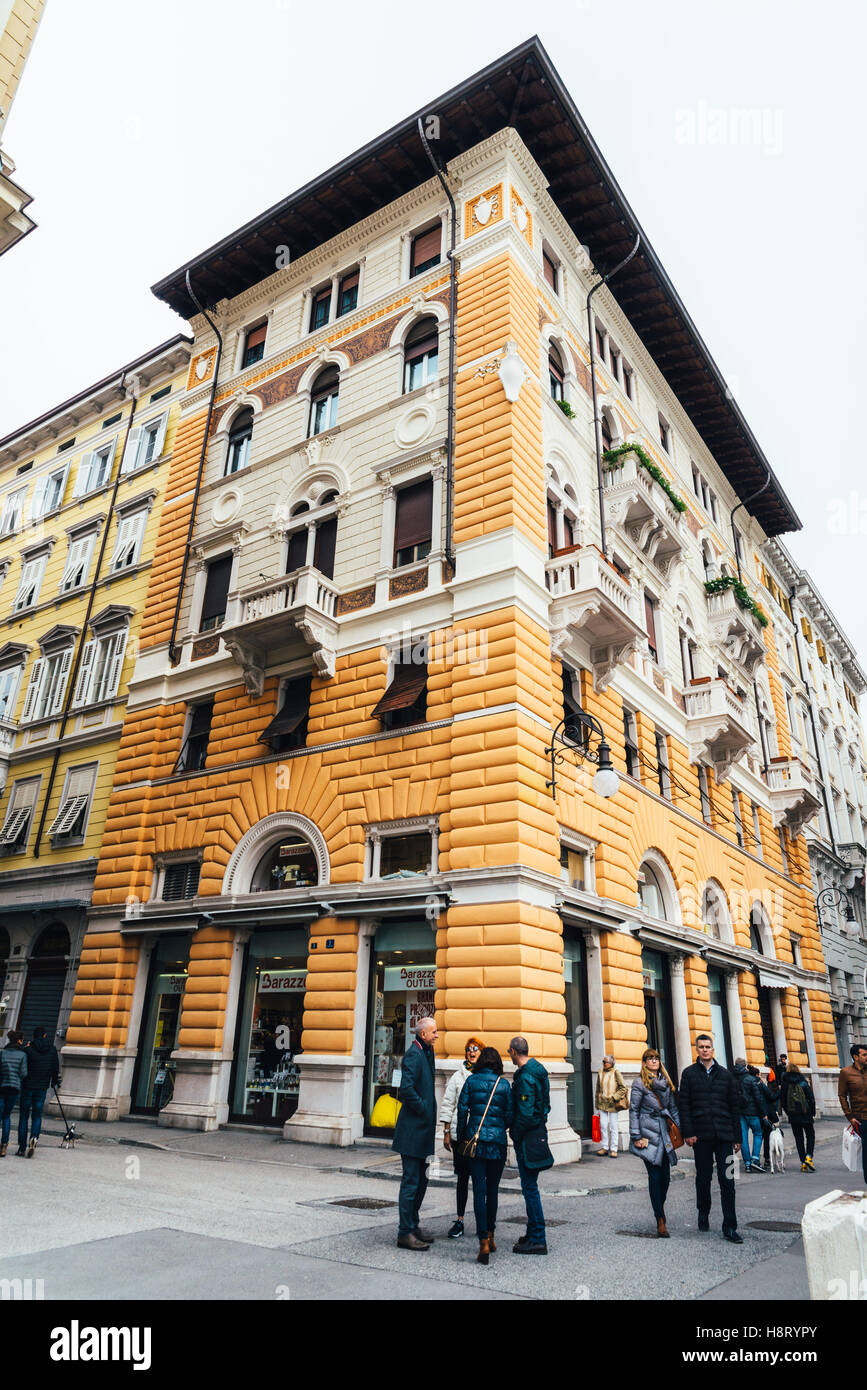 restaurants and people walking at the Canal Grande area of Trieste ...