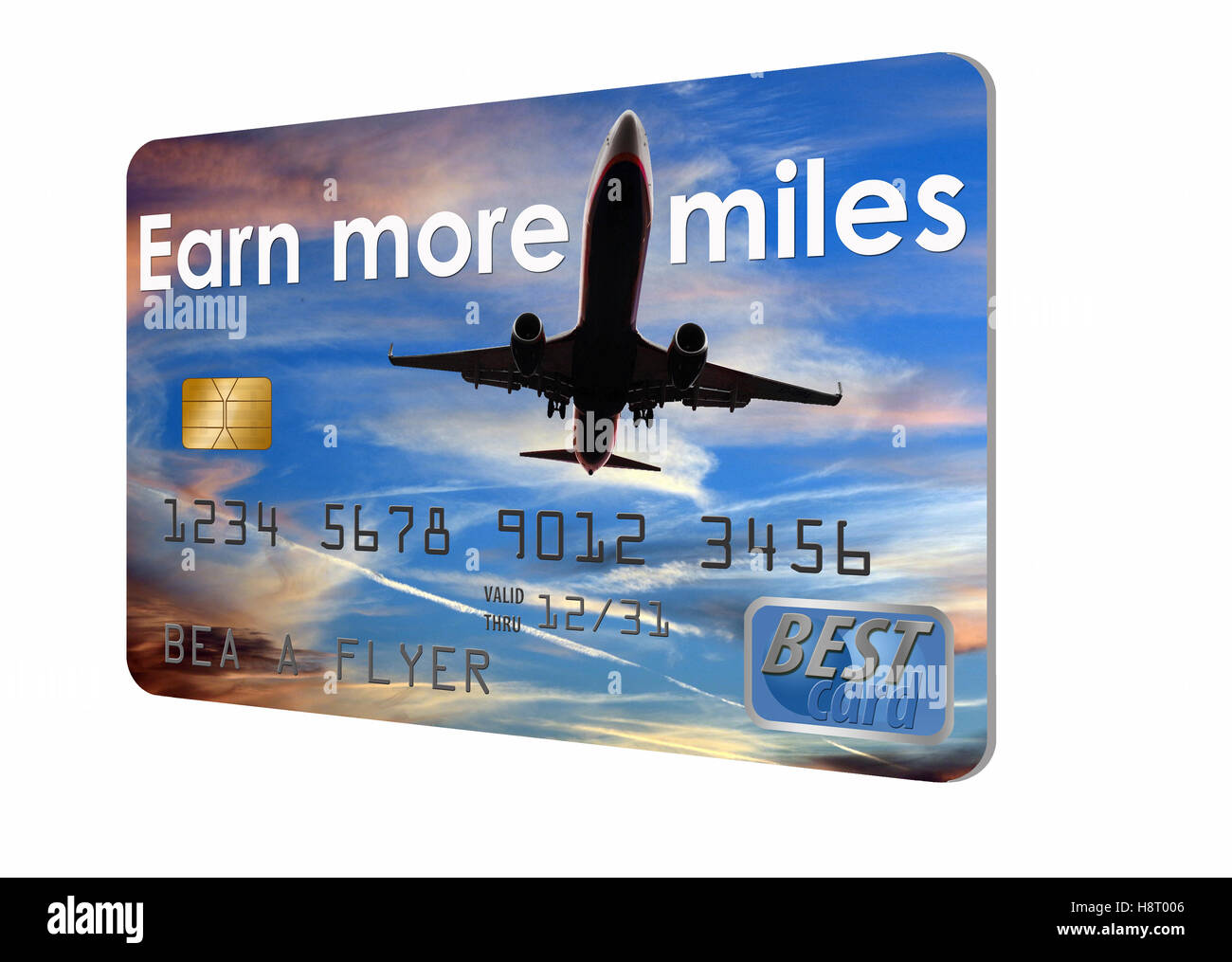 Earn more miles credit card with an airplane in the sky design. Debit ...