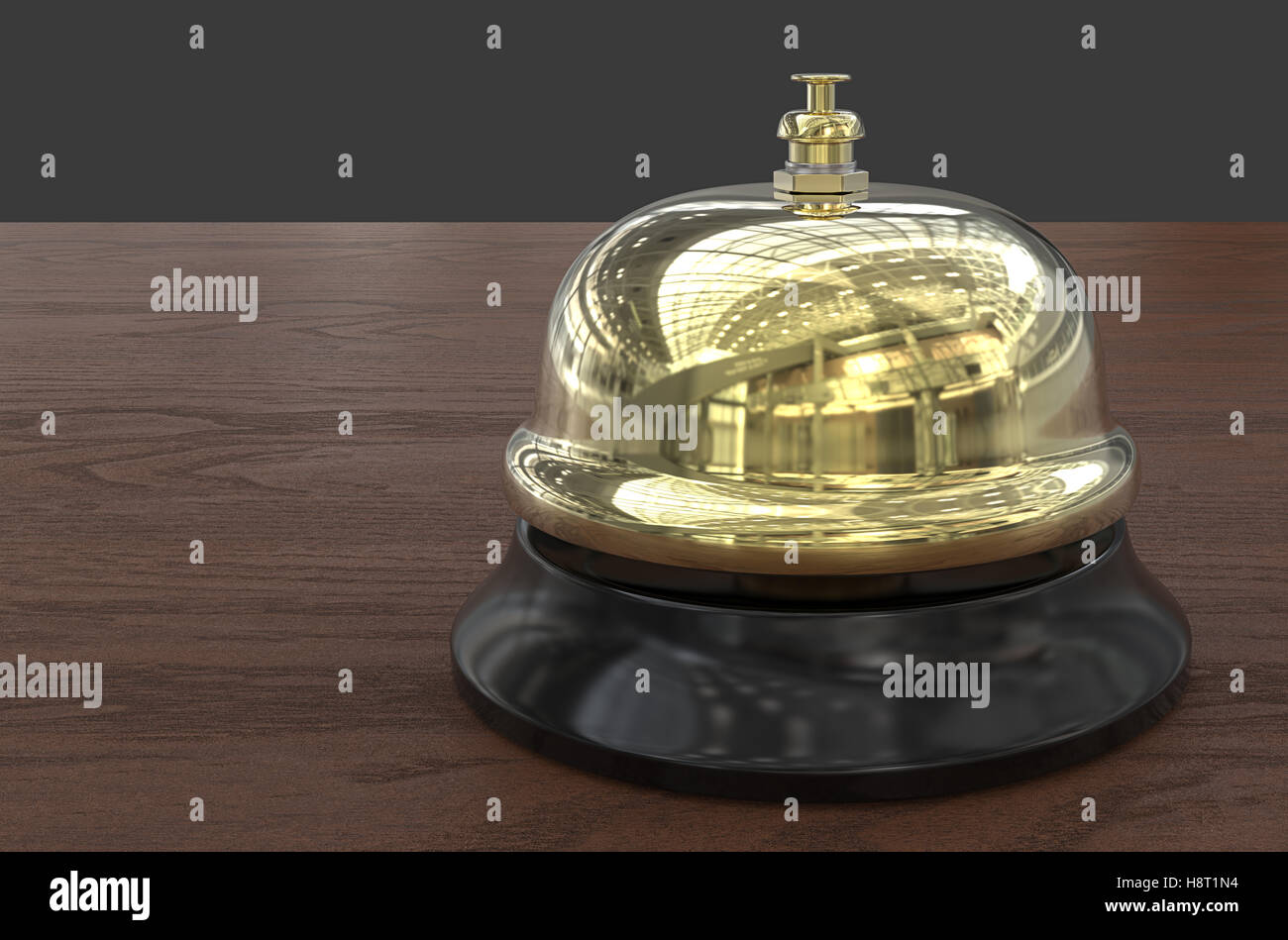 3D render of Brass Reception Bell. Wooden Desk background Stock Photo ...