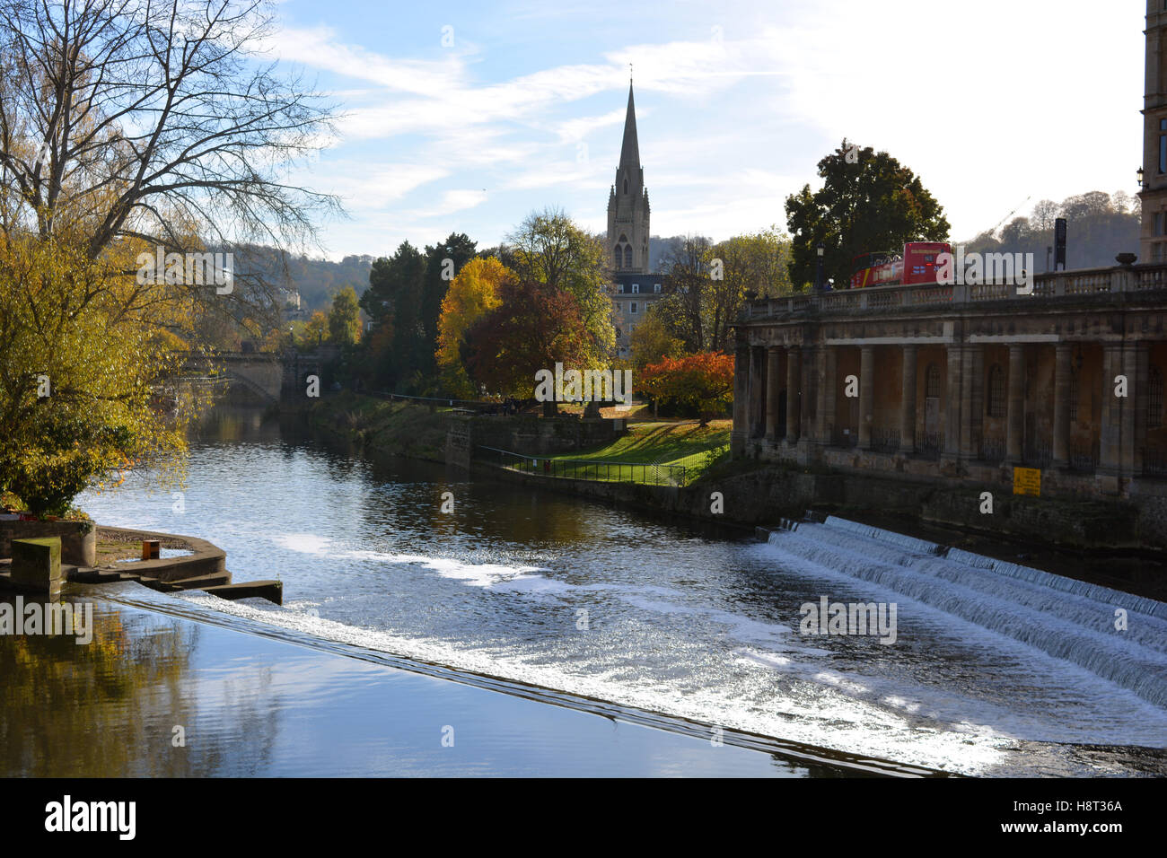 View across River Avon to Grand Parade and Parade Gardens & spire of st ...