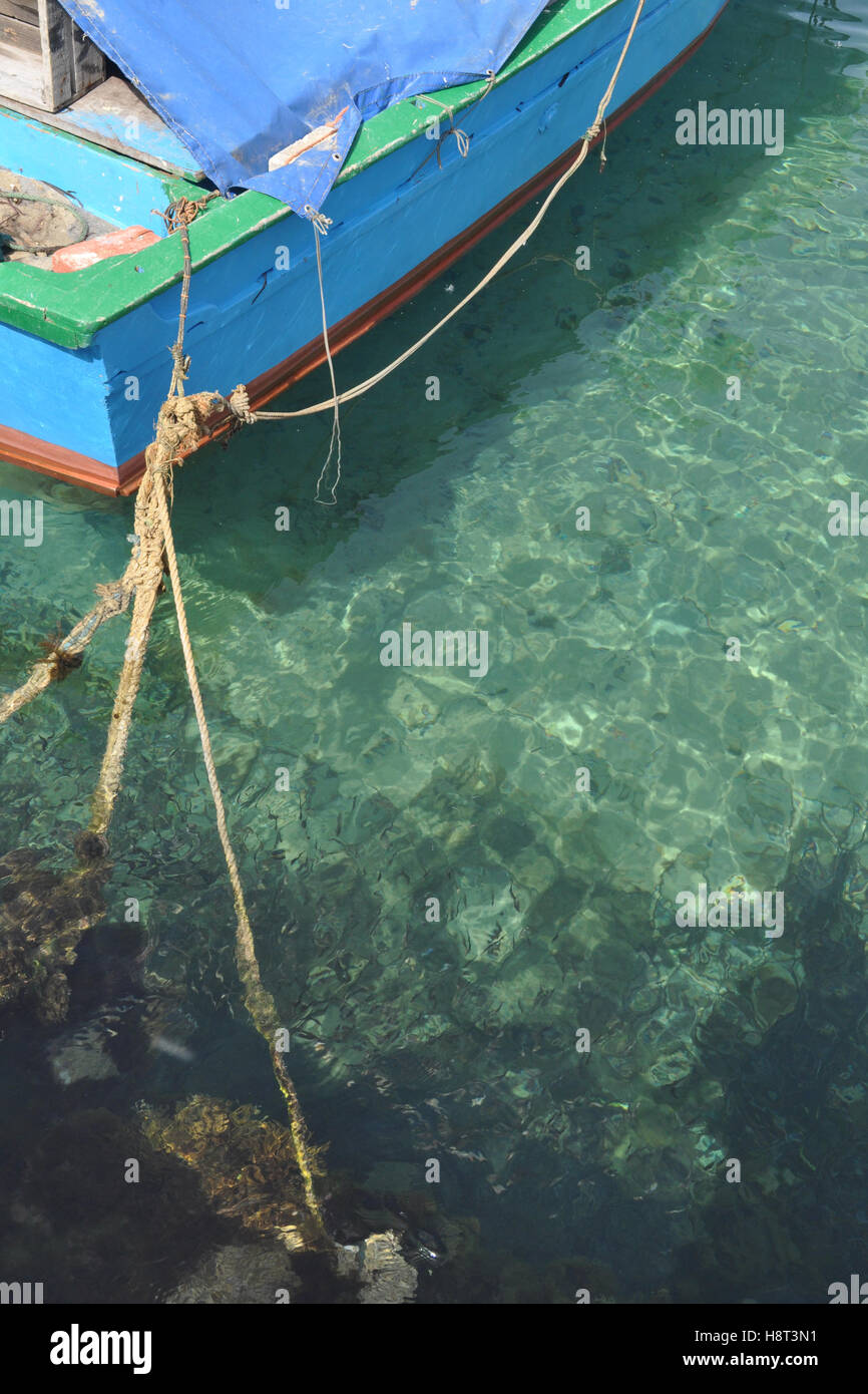 Fish and traditional brightly painted colourful fishing boat in the ...