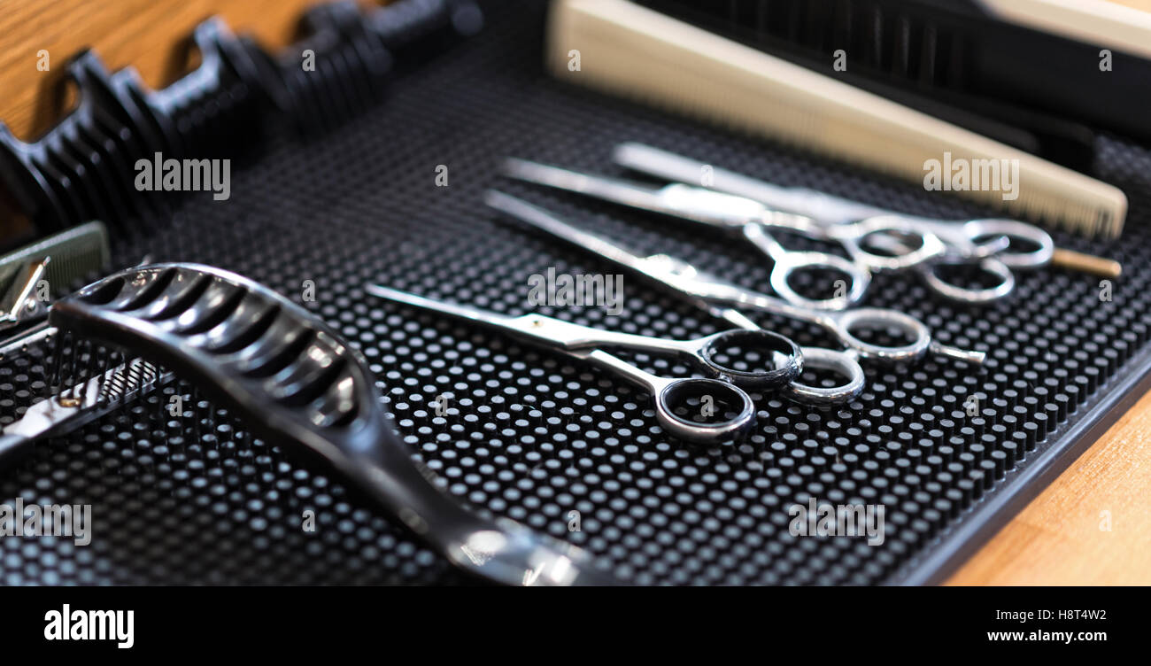 Top view of professional barbers equipment Stock Photo - Alamy
