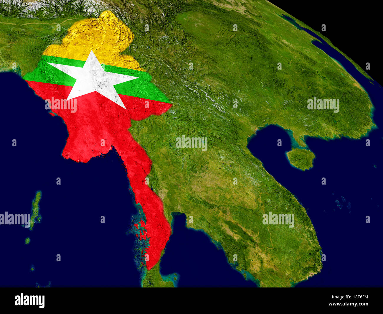 Map of Myanmar with embedded flag on planet surface. 3D illustration ...
