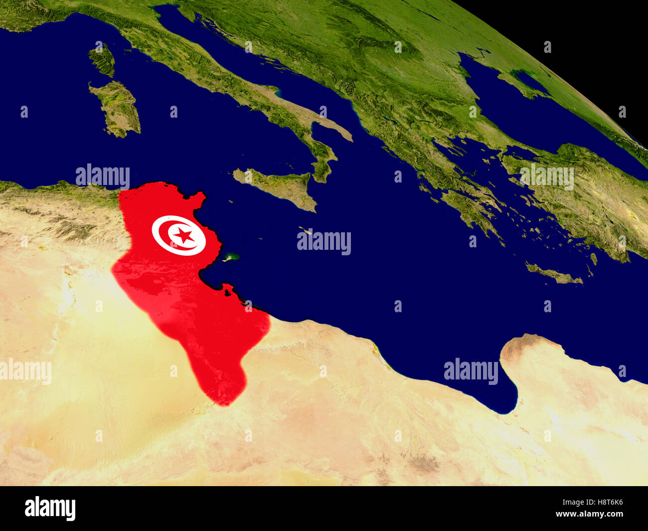Map of Tunisia with embedded flag on planet surface. 3D illustration ...