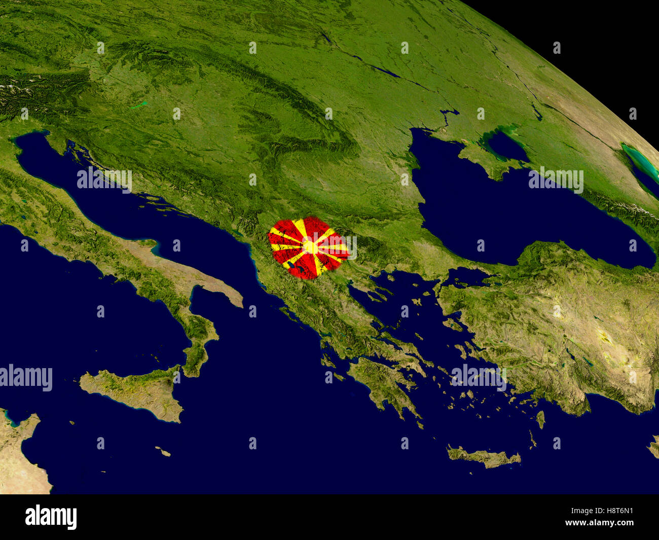 Map of Macedonia with embedded flag on planet surface. 3D illustration ...