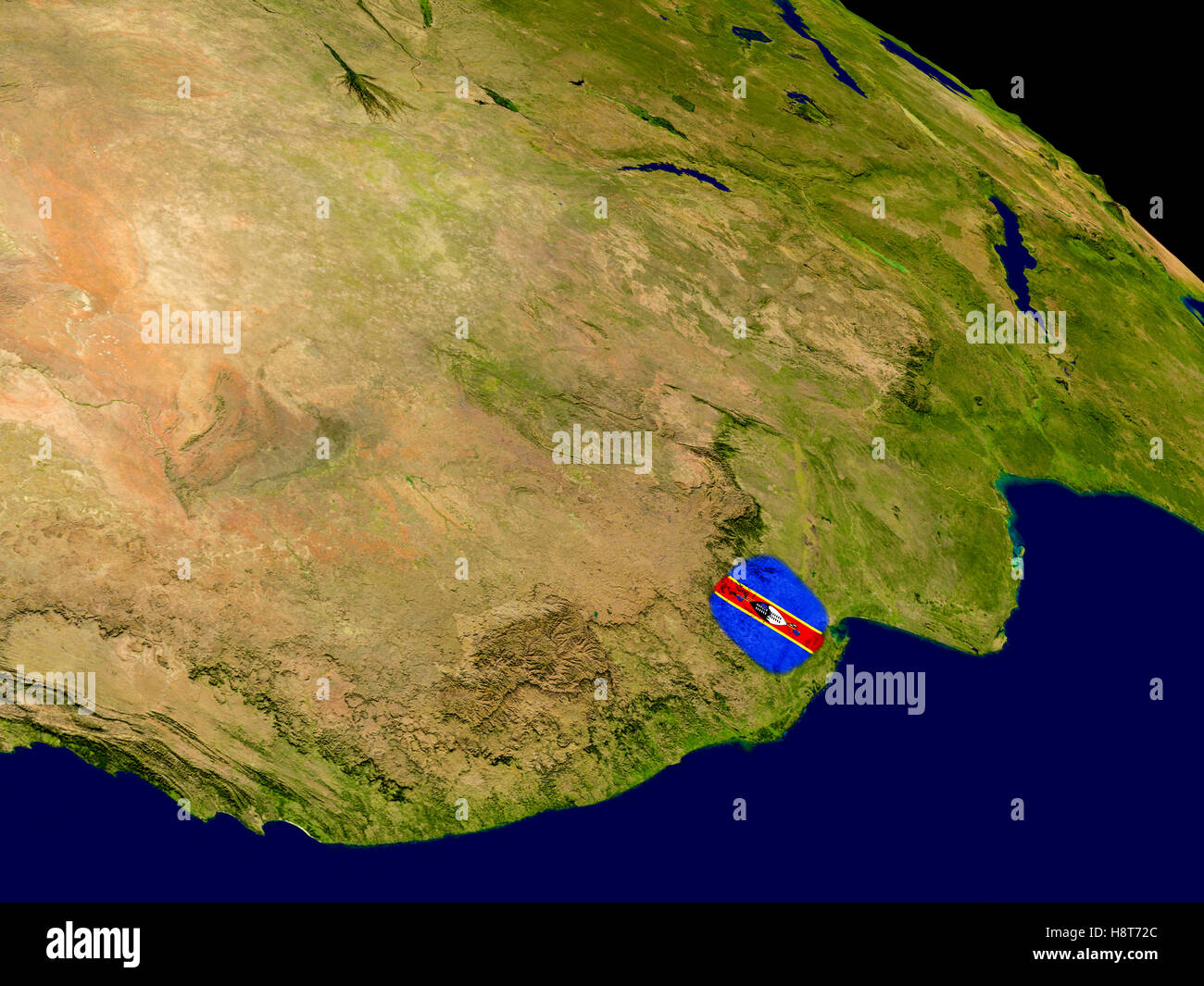 Map of Swaziland with embedded flag on planet surface. 3D illustration ...