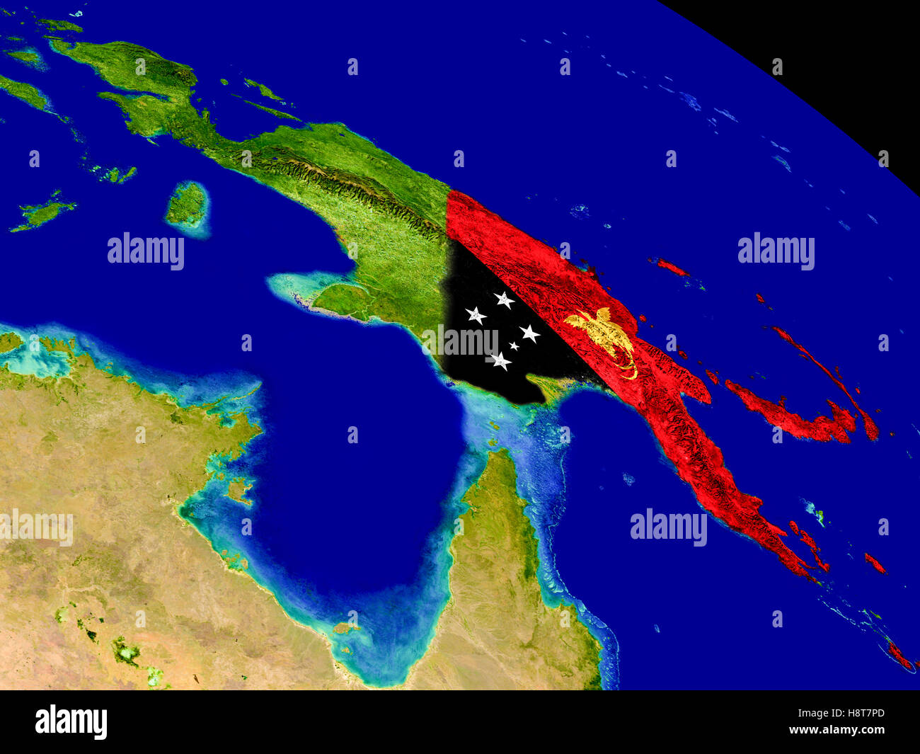 Map of Papua New Guinea with embedded flag on planet surface. 3D ...