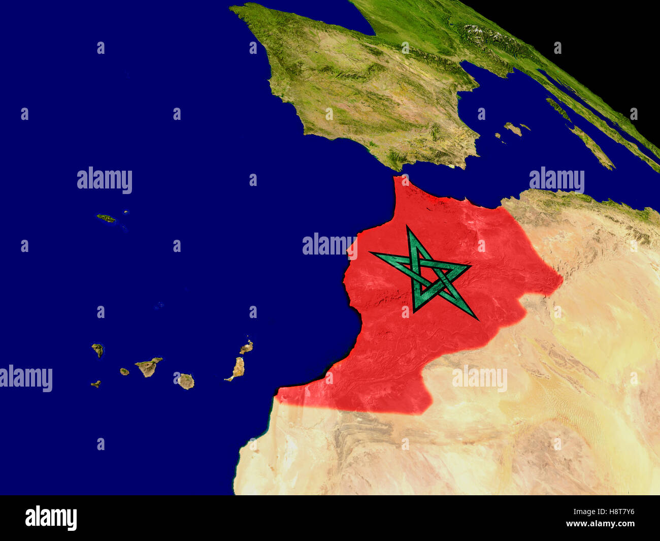 Map of Morocco with embedded flag on planet surface. 3D illustration ...