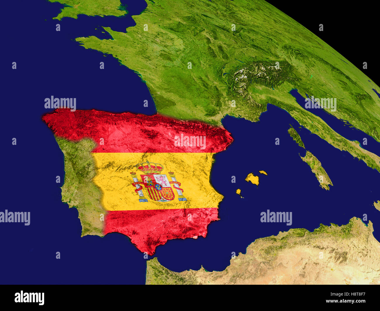 Map of Spain with embedded flag on planet surface. 3D illustration ...