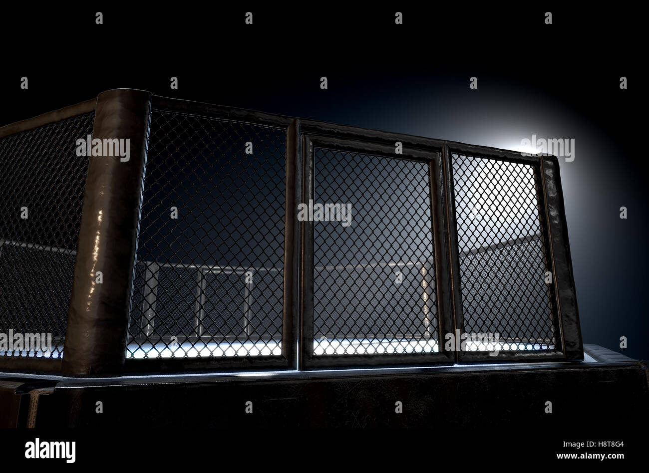 A 3D render of an MMA fight cage arena dressed in black padding spotlit ...