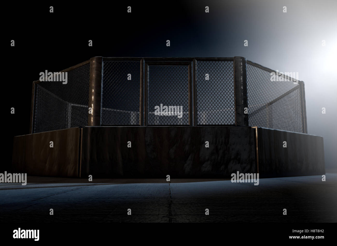 A 3D render of an MMA fight cage arena dressed in black padding spotlit ...