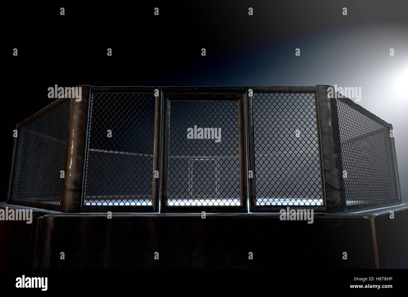 A 3D render of an MMA fight cage arena dressed in black padding spotlit ...