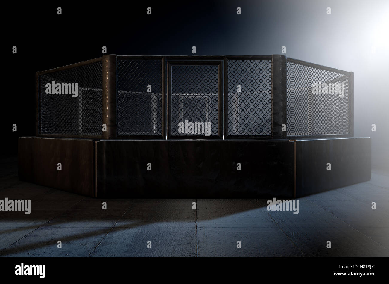 A 3D render of an MMA fight cage arena dressed in black padding spotlit ...