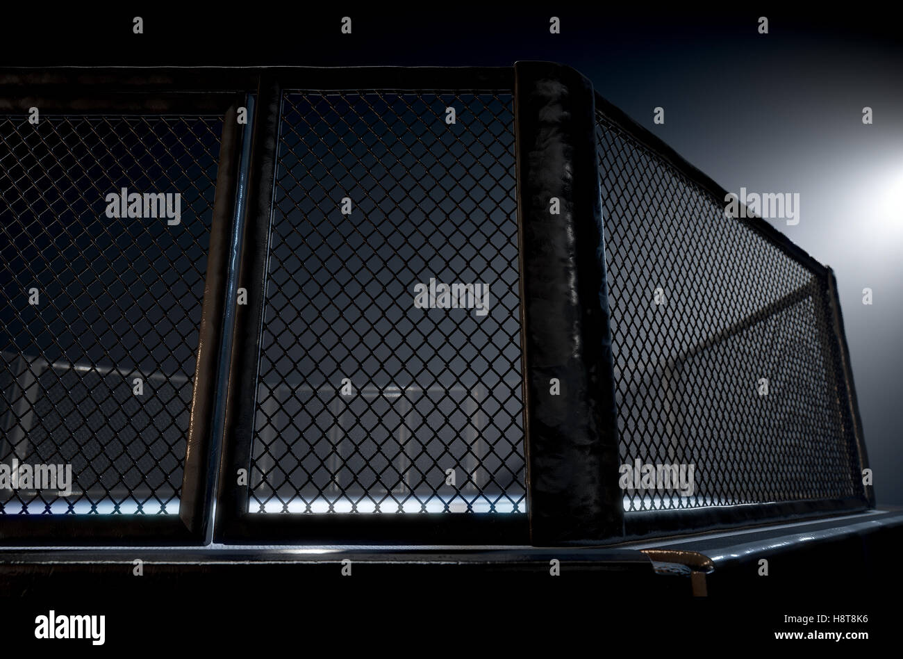 A 3D render of an MMA fight cage arena dressed in black padding spotlit ...