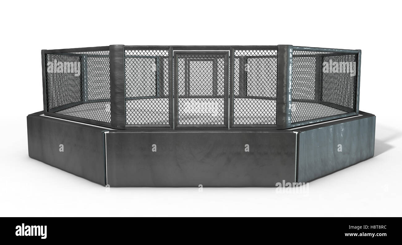 A 3D render of an MMA fight cage arena dressed in black padding on an ...