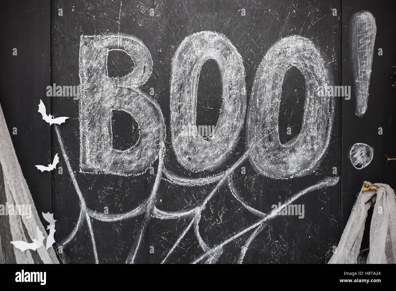 Word Boo drawn on black drawing board Stock Photo - Alamy
