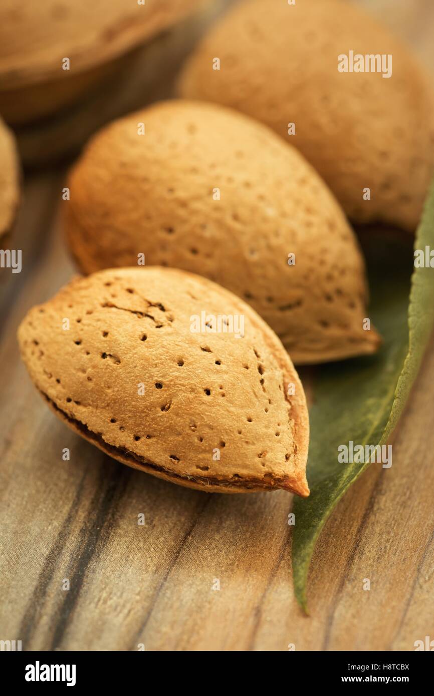 Almonds on brown wooden background. Beneficials for the brain Stock ...