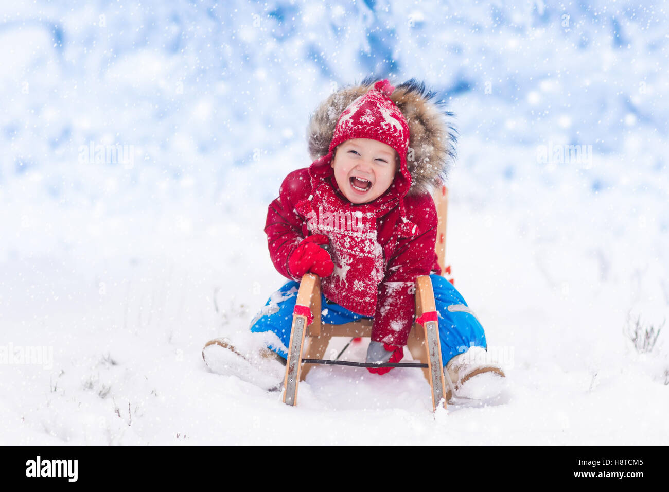 Little girl enjoying a sleigh ride. Child sledding. Toddler kid riding ...
