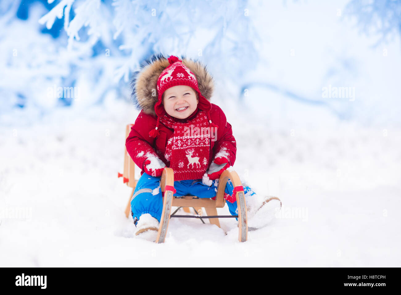 Little girl enjoying a sleigh ride. Child sledding. Toddler kid riding ...