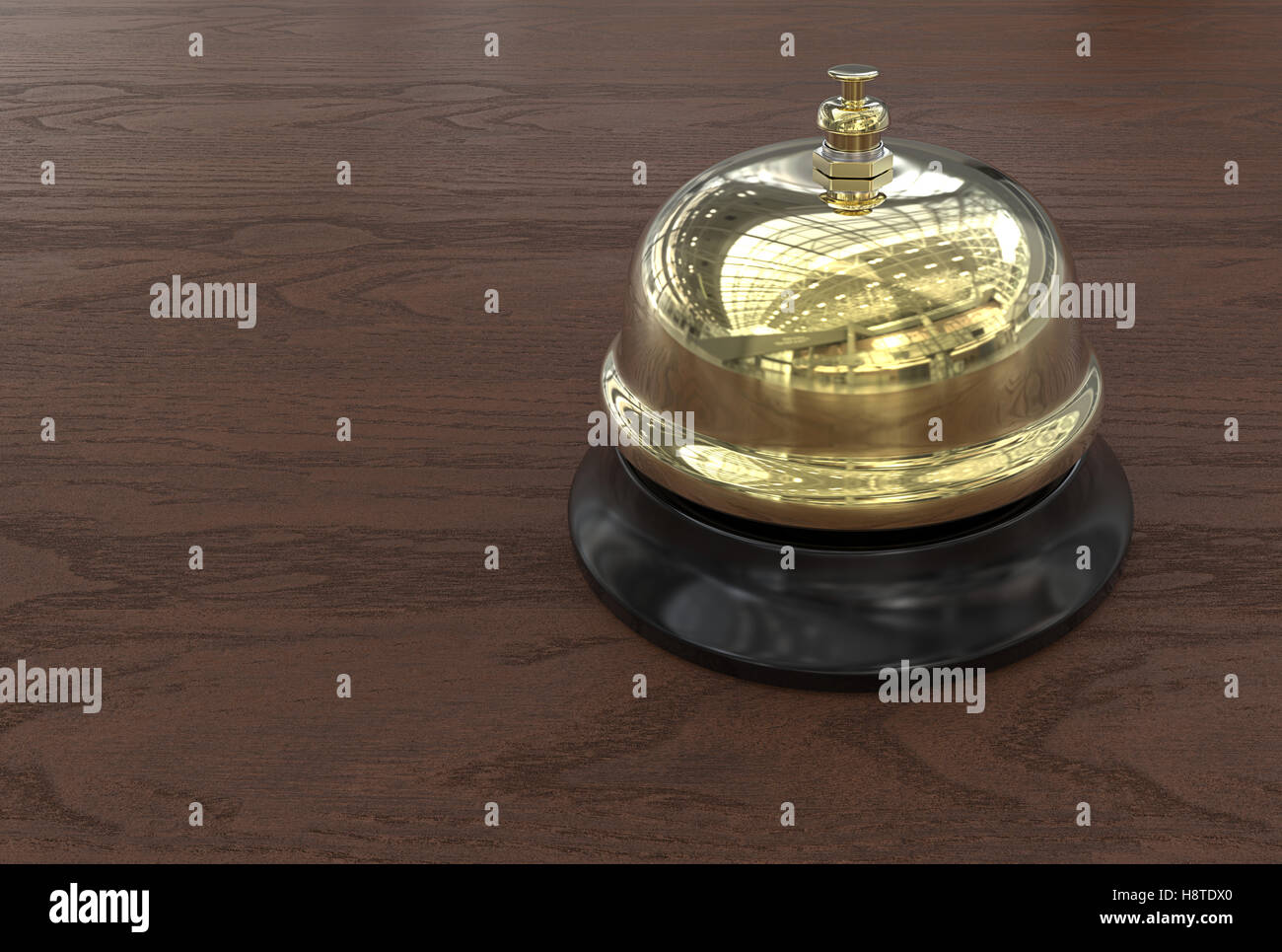 3D render of Brass Reception Bell. Wooden background Stock Photo - Alamy