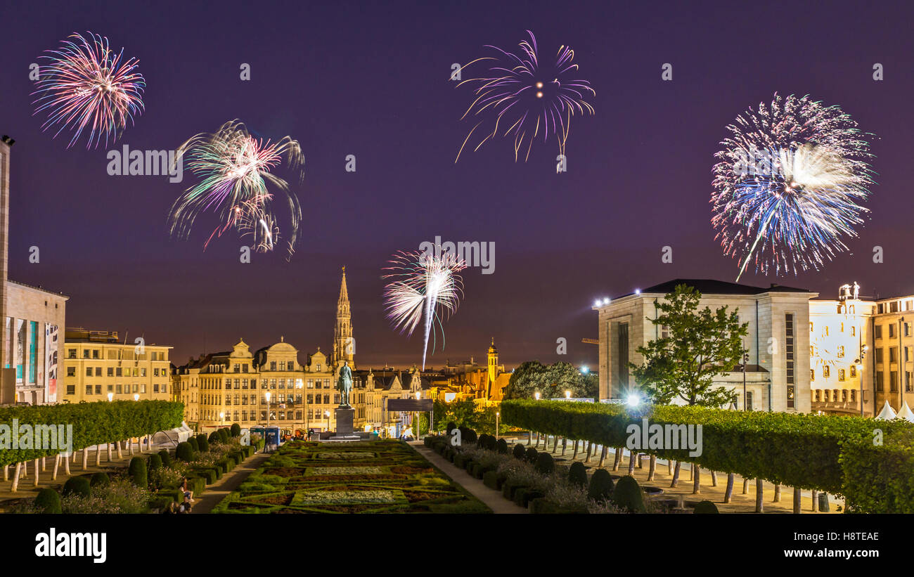 Firework over the art hill in Brussels. New years Eve in Belgium Stock ...